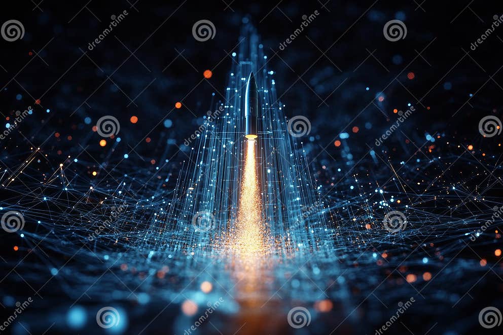 Digital Rocket Launch through Network in Cosmic Background Stock ...