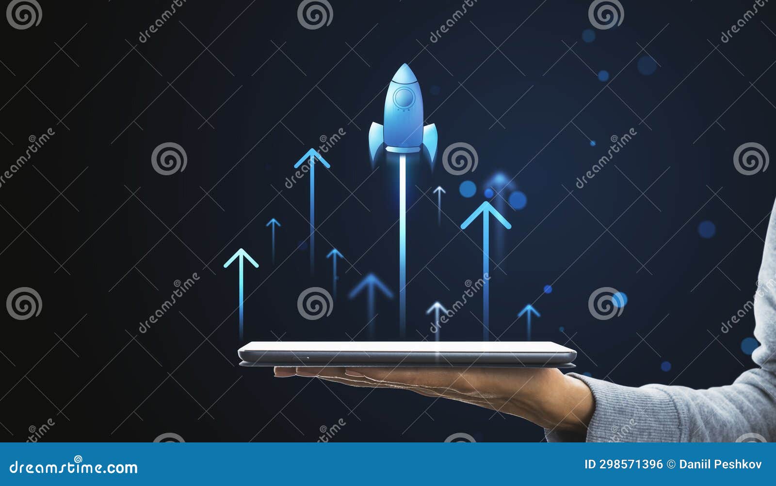 Digital Rocket Launching from Tablet on Hand. Stock Photo - Image of ...