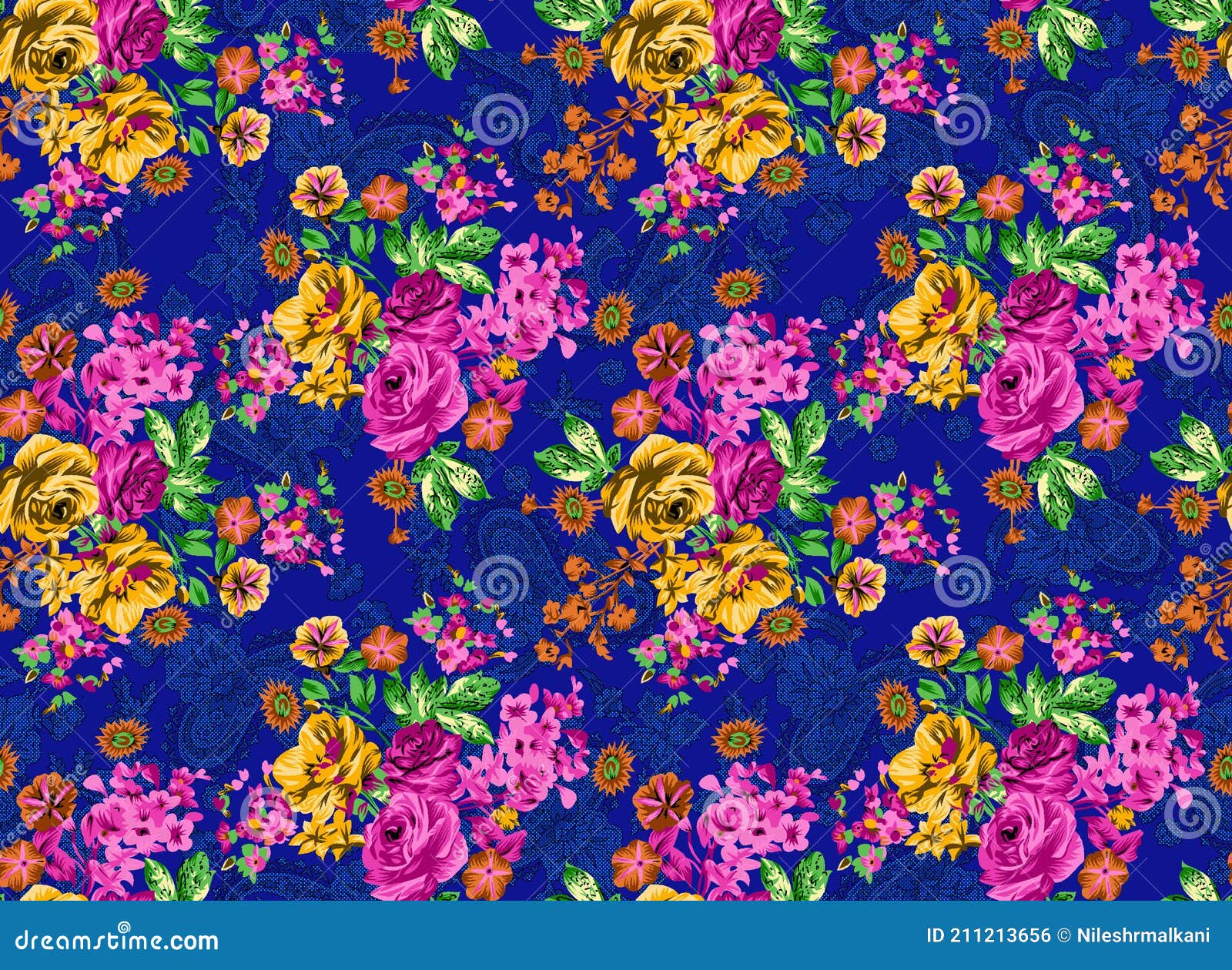 Digital Rose Floral Pattern on Blue Background Stock Illustration ...