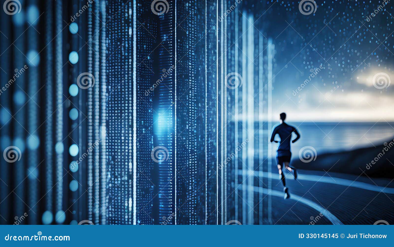 Digital Runner in a Data Tunnel. a Silhouette of a Runner Moving ...