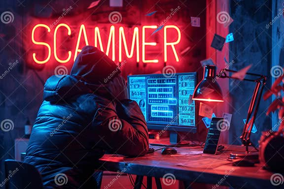 Digital Scammer Hacker with Computer and Mobile in the Shadows of the ...