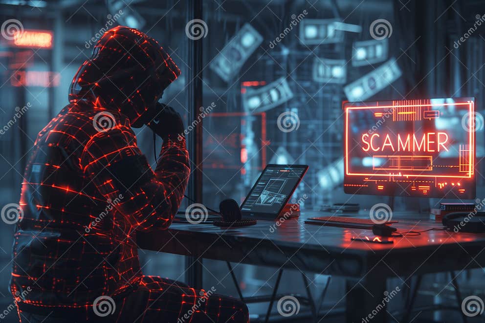 Digital Scammer Hacker with Computer and Mobile in the Shadows of the ...