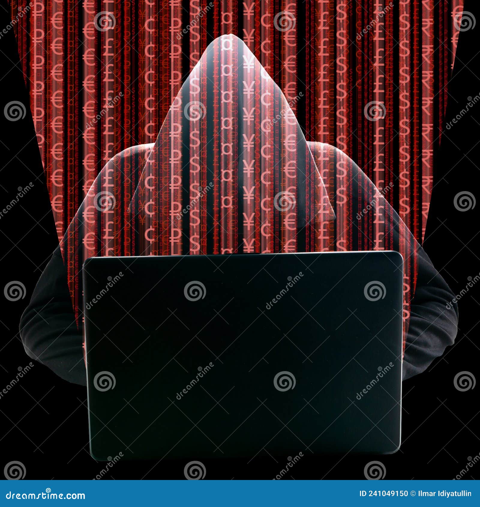 Digital Scammer. Hacker with Laptop and Red Binary Code, Isolated on ...