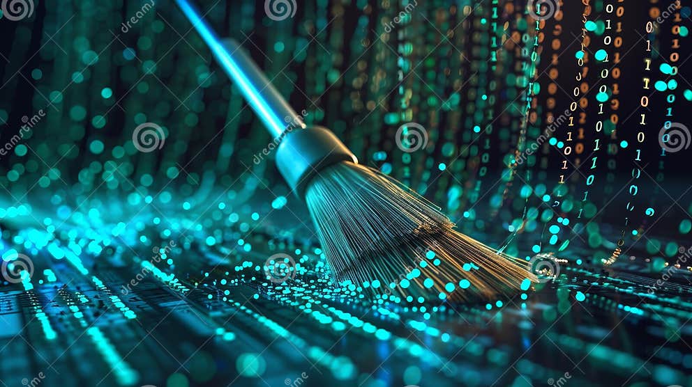Digital Scene Illustrating a Broom Sweeping Falling Binary Code for ...