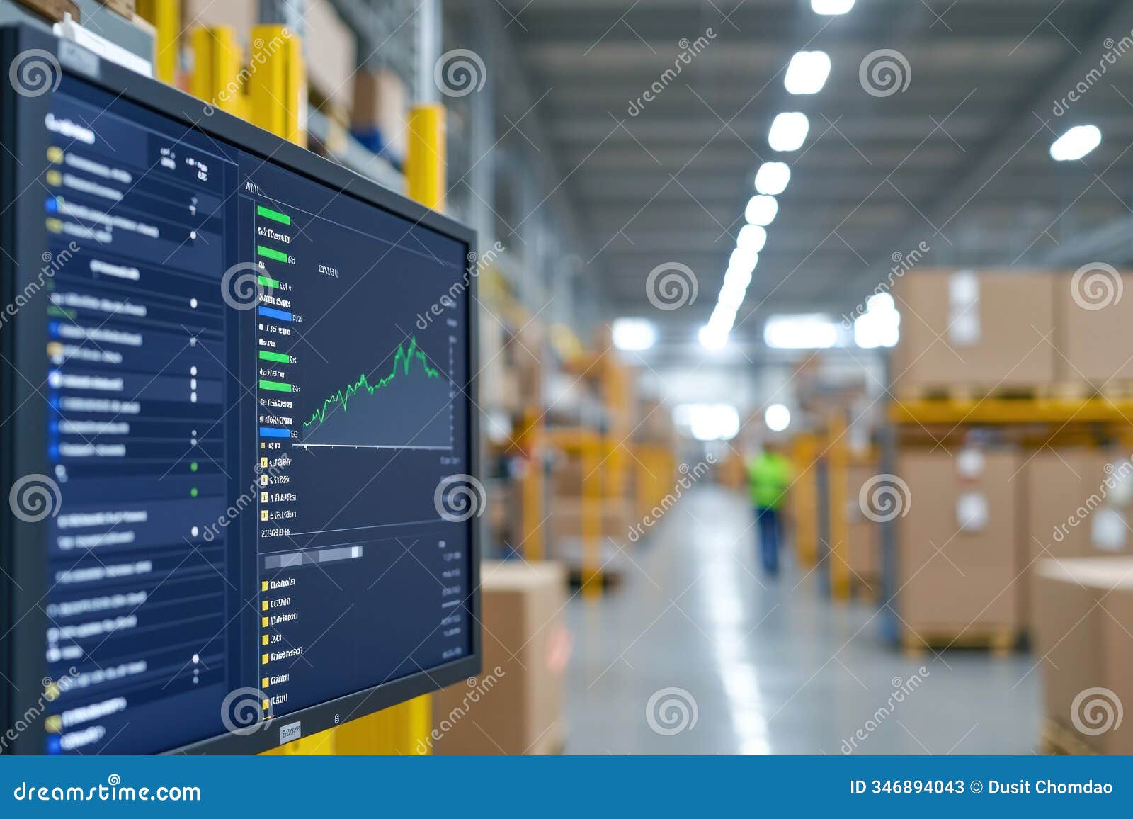 Digital Screen Displaying Inventory Charts in Warehouse Environment ...