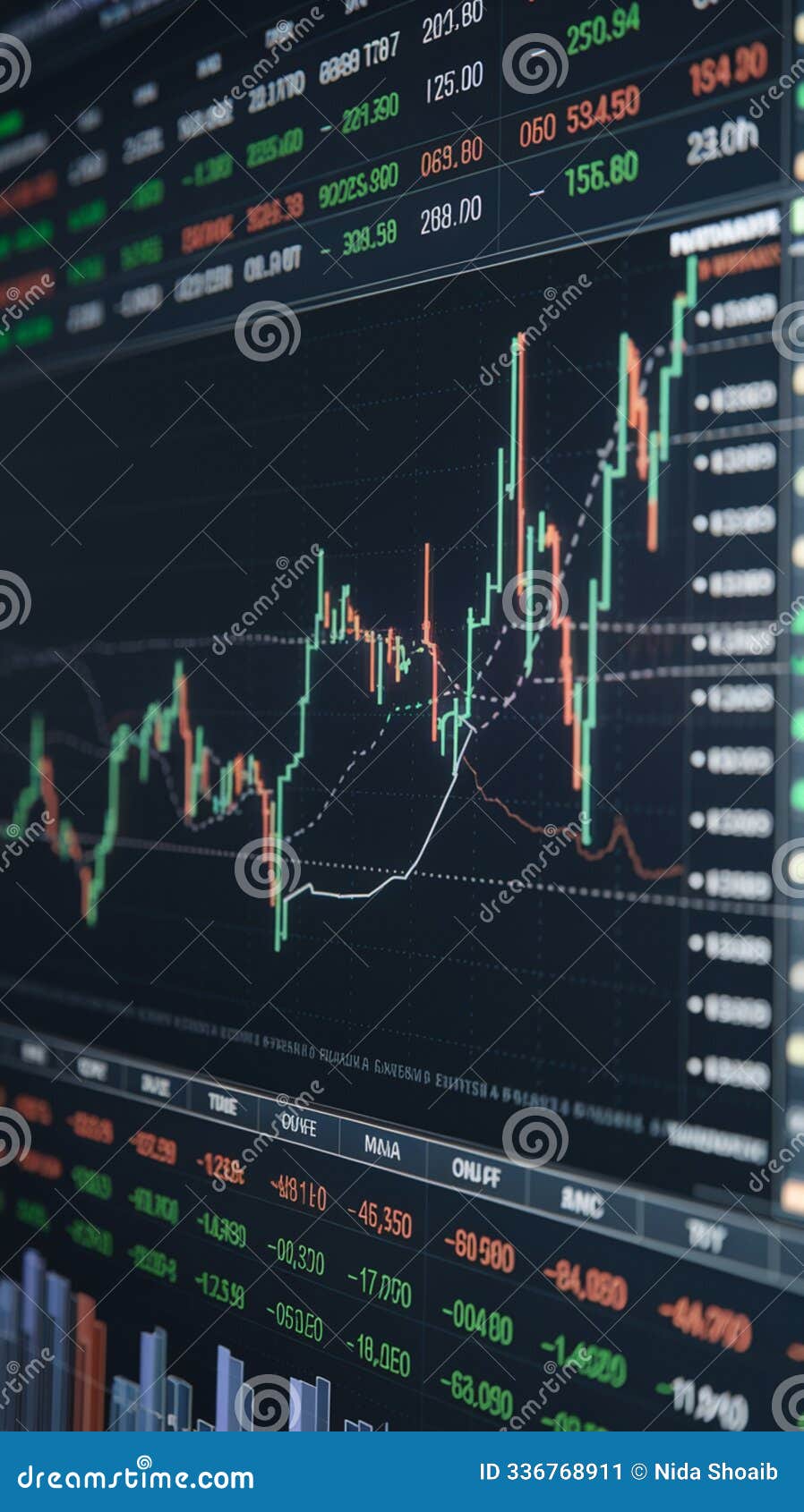Digital Screen Displays Financial Data with Colored Lines on a Trading ...