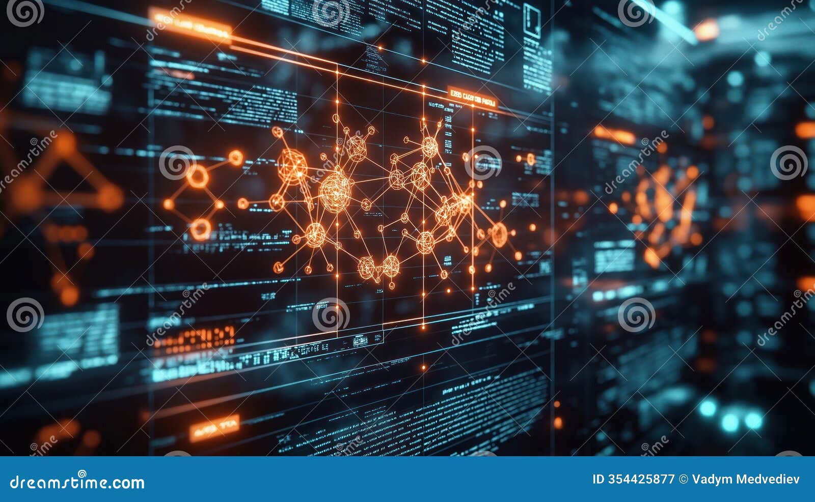 Digital Screens Display Complex Data Visualizations, Molecular Models. Advanced AI Algorithms ...