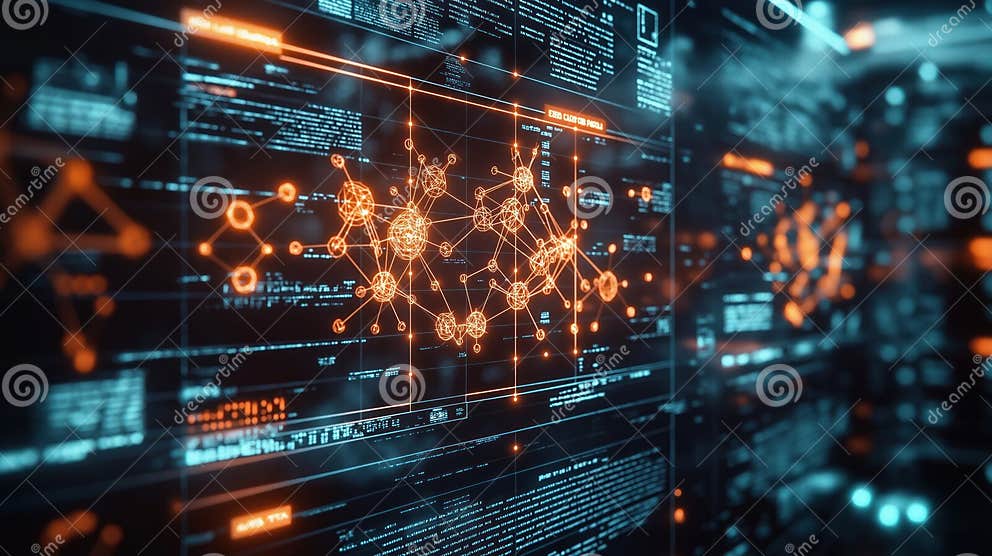 Digital Screens Display Complex Data Visualizations, Molecular Models. Advanced AI Algorithms ...