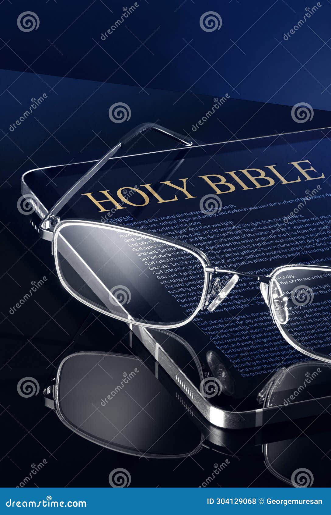 Digital Scripture on Tablet on Dark Blue Table Stock Photo - Image of ...