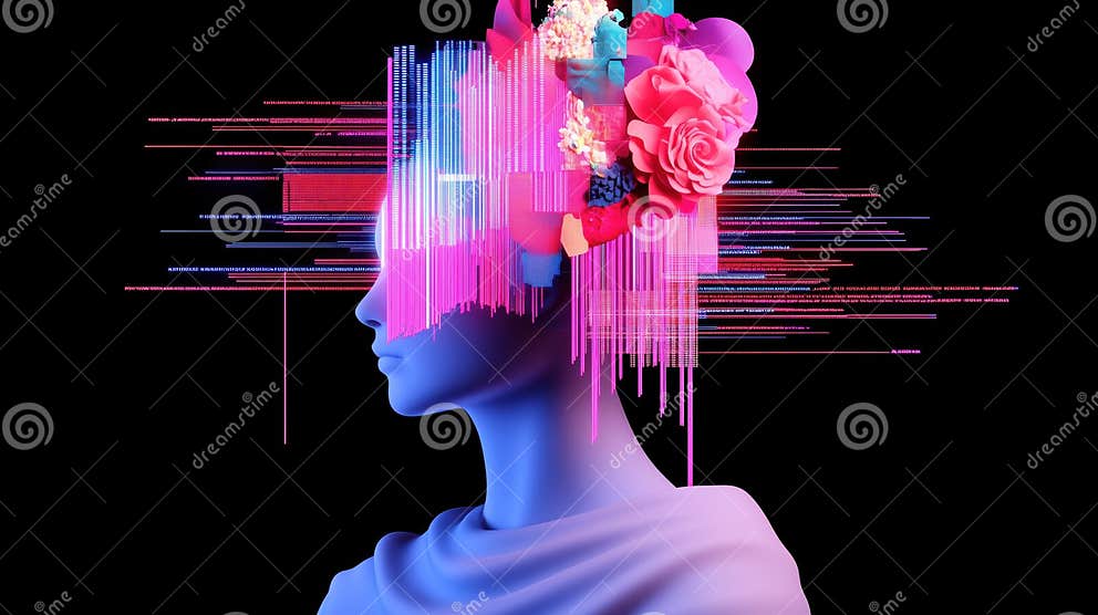 Digital Sculpture with Vibrant Flowers and Abstract Data Visualization ...