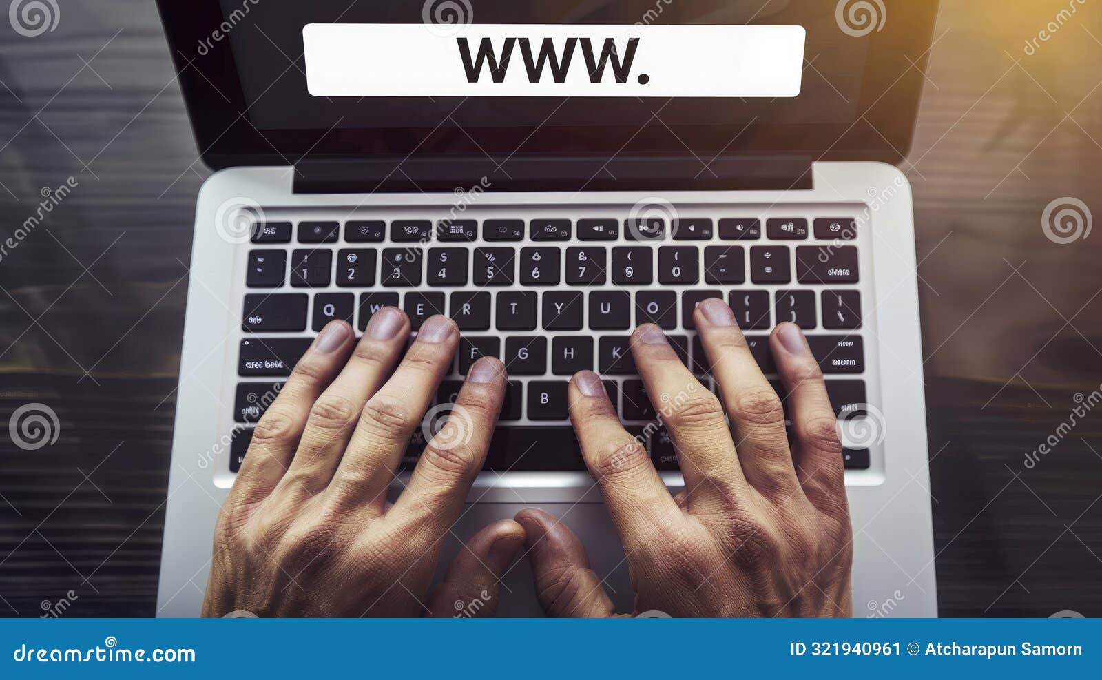 Digital Search, Hands Typing on Laptop Keyboard with WWW. Search Bar on ...