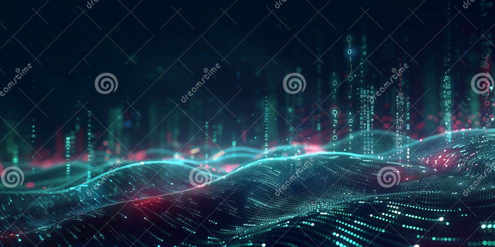 Digital Seascape with Flowing Data Particles Stock Illustration ...