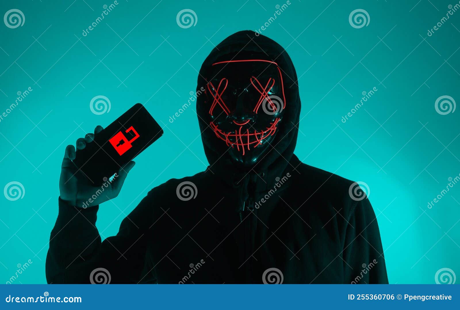 Digital Security Concept. Anonymous Hacker with Mask Holding Smartphone ...