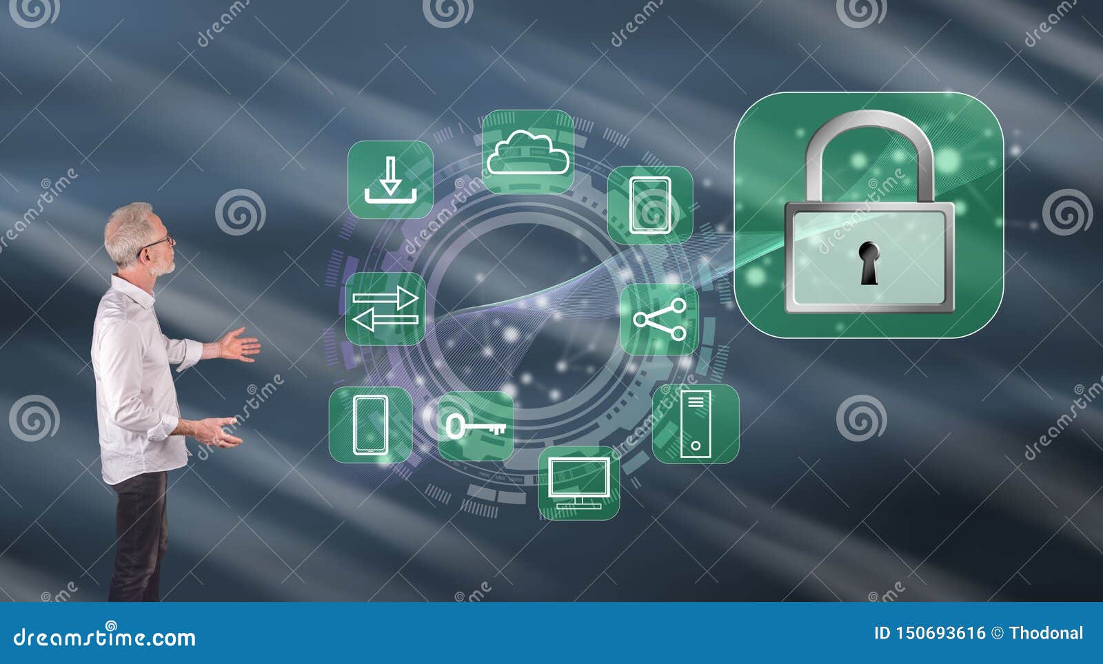 A Digital Security Concept Explained by a Businessman on a Wall Screen ...