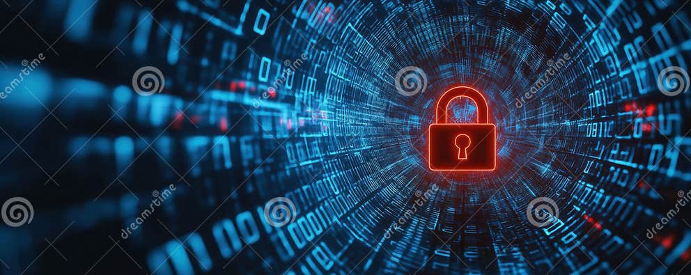 Digital Security Concept with Glowing Lock Symbol and Binary Code in a ...