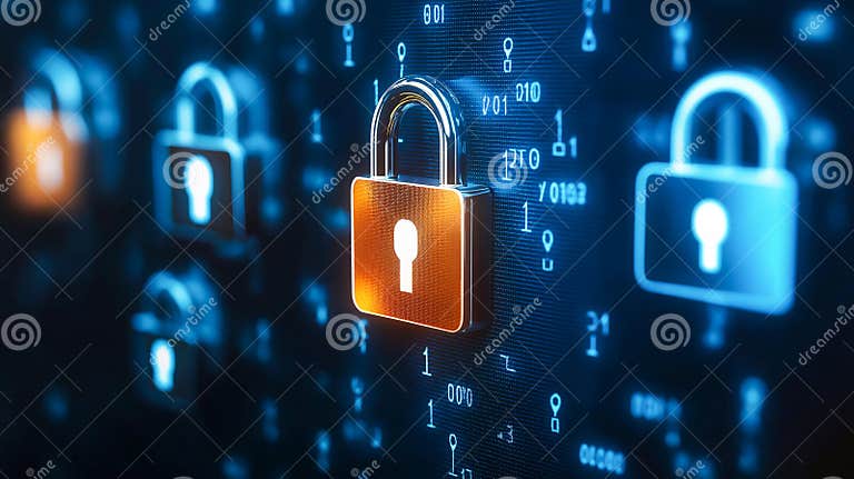 Digital Security Concept with Glowing Locks Over Binary Code ...