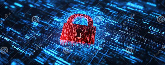 Digital Security Concept with a Glowing Red Lock Symbol Against Binary Code Background ...
