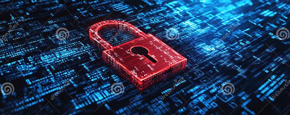 Digital Security Concept with a Glowing Red Lock Symbol Against Binary ...