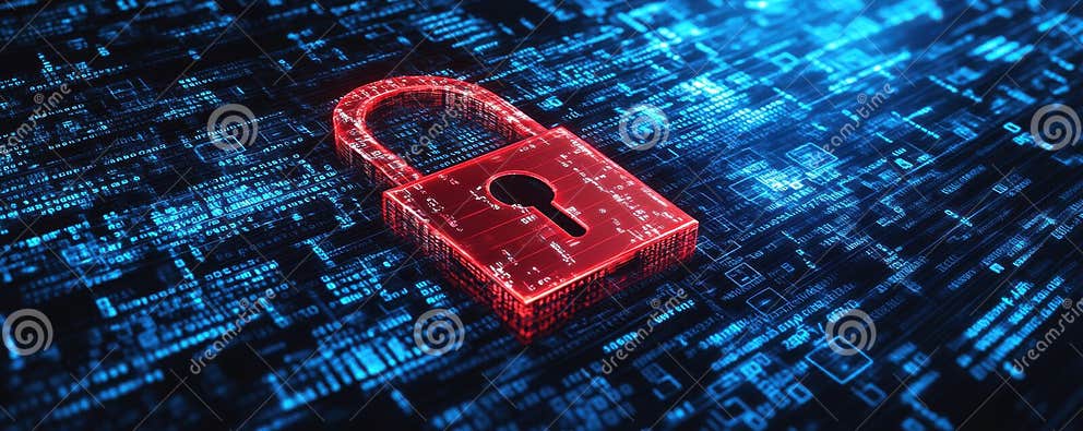 Digital Security Concept with a Glowing Red Lock Symbol Against Binary ...