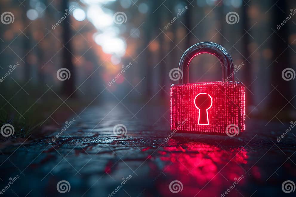 Digital Security Concept: Illuminated Lock in Mysterious Forest Pathway ...