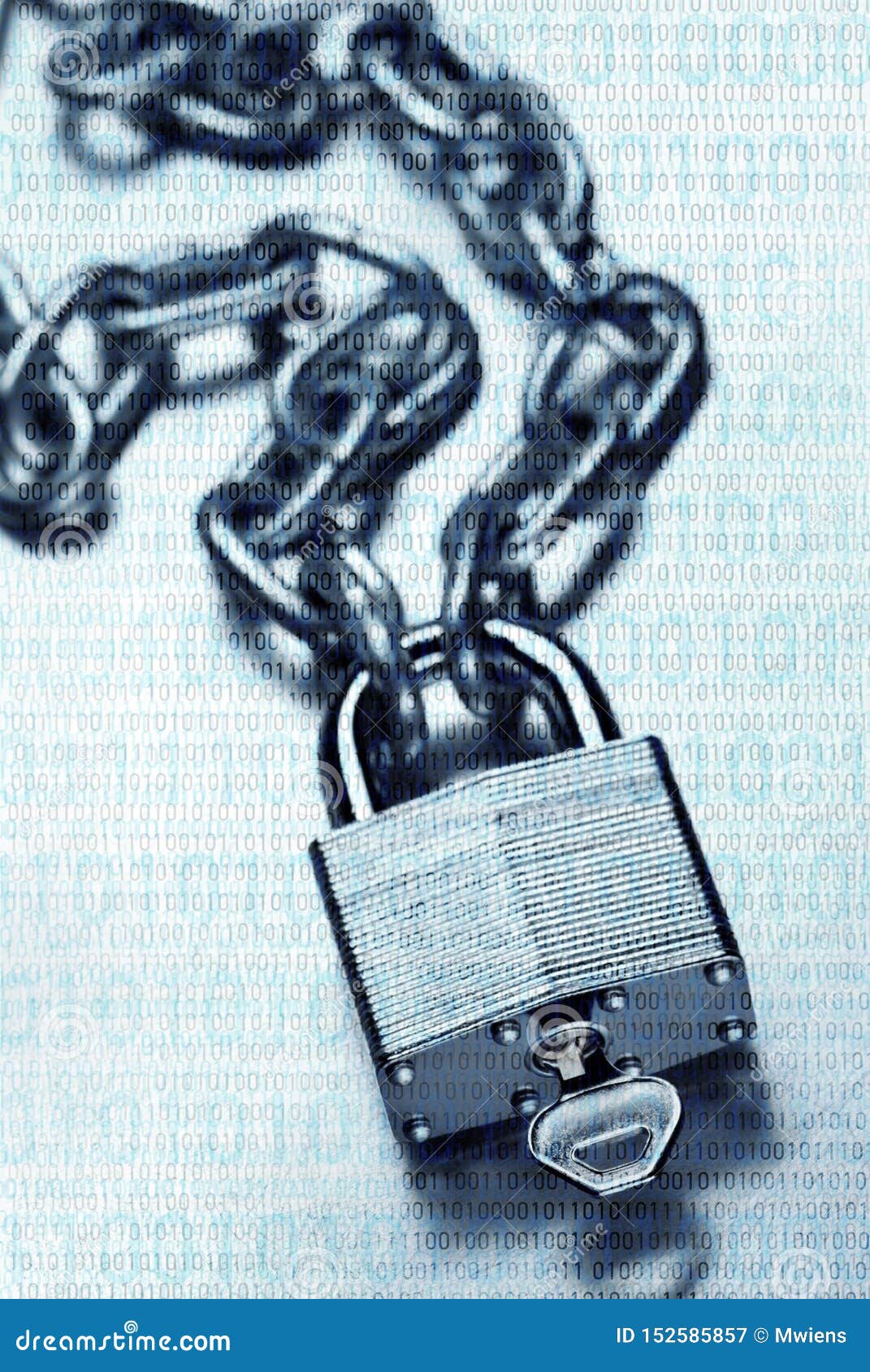Digital Security And Encryption Concept Showing Binary Code Overlaid On Chain With Steel Padlock