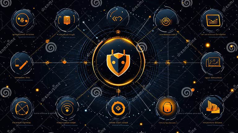 Digital Security Flowchart Illustrating Various Protection Methods and Tools, Showcasing Central ...