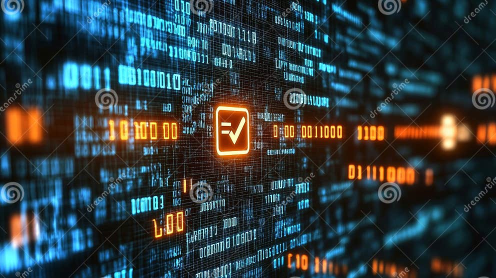 Digital Security a Glowing Checkmark Amidst a Matrix of Binary Code Stock Illustration ...