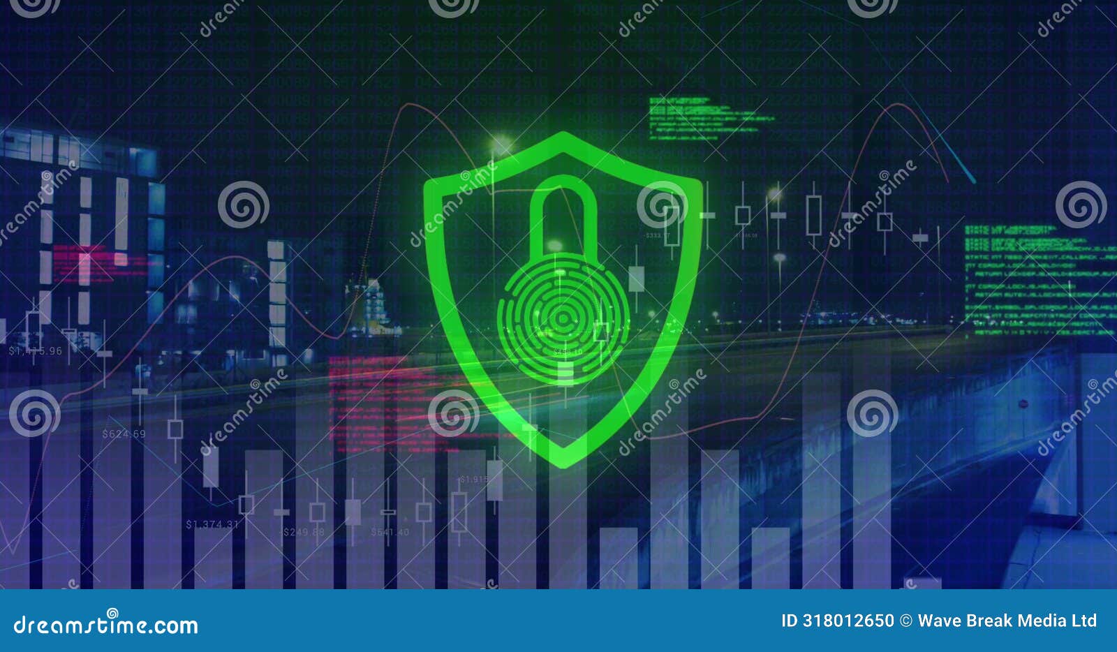 Digital Security Graphics Overlaying Cityscape at Night, Symbolizing ...