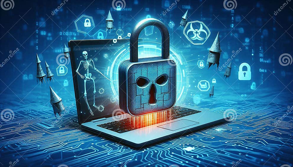 Digital Security with Lock and Malware Symbols Stock Illustration ...