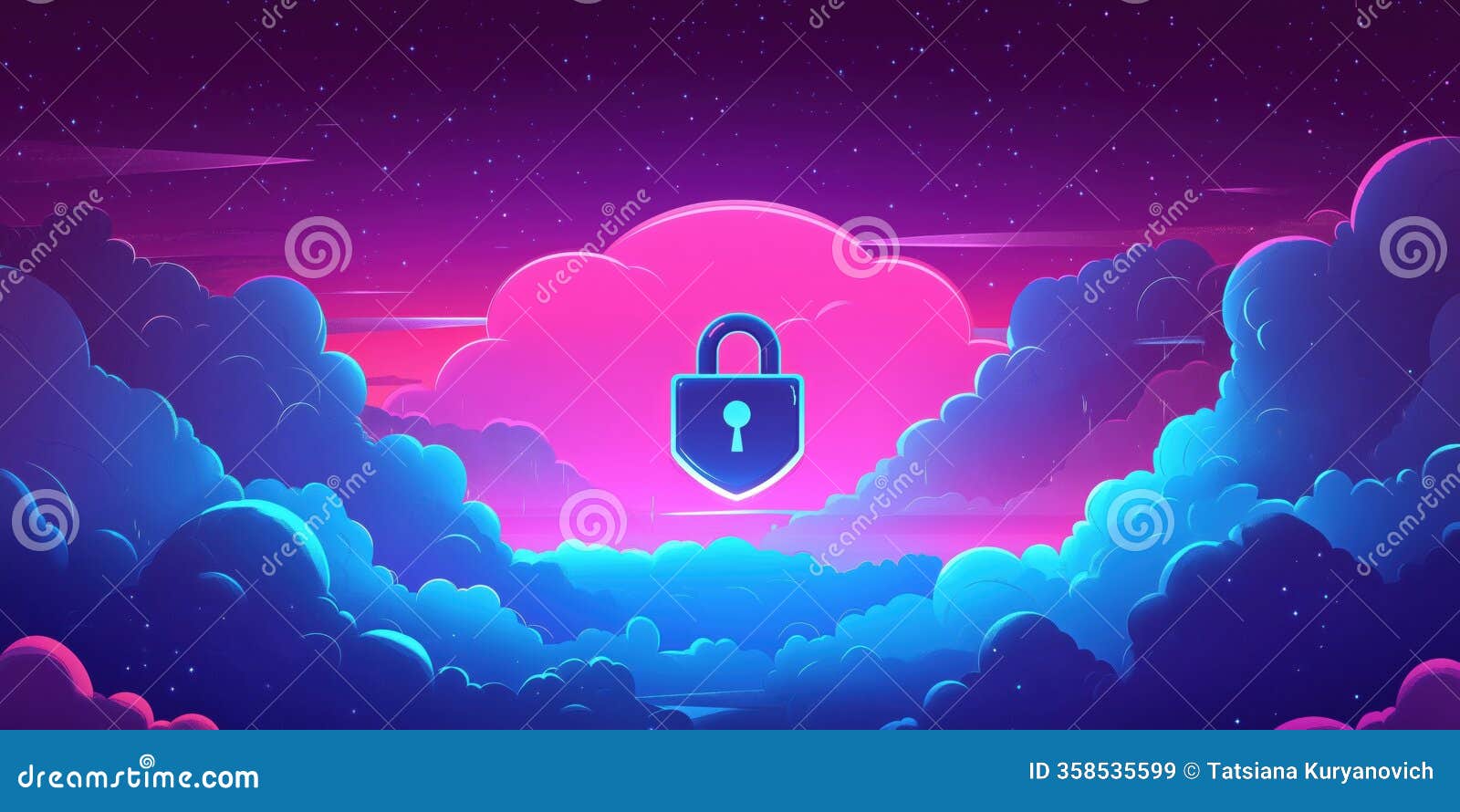 Digital Security Lock Symbol Floating in Vibrant Clouds, Cosmic ...