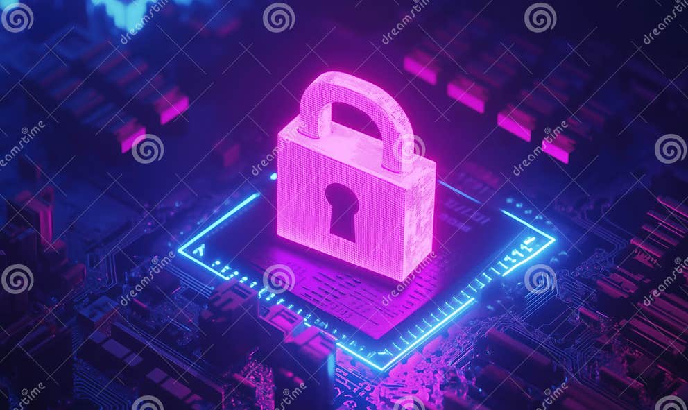 Digital Security Lock Symbol Glowing on Microchip Circuit Board ...