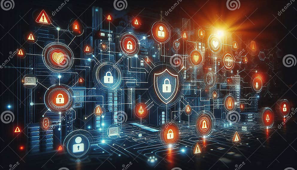 Digital Security Network with Lock Symbols and Alerts Stock ...
