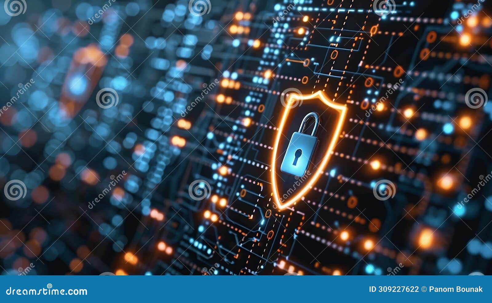 A Digital Security Shield with a Lock Icon on a Blue Circuit Board ...