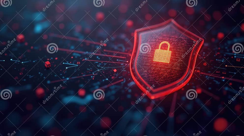 Digital Security Shield with a Lock Symbol and Data Points Glowing in ...