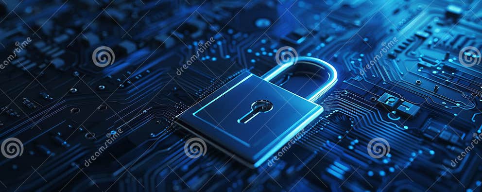 Digital Security Theme with a 3D Lock, Circuit Patterns, and Encrypted ...