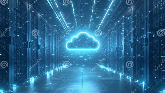 Digital Server Environment with a Glowing Cloud Shape Representing ...
