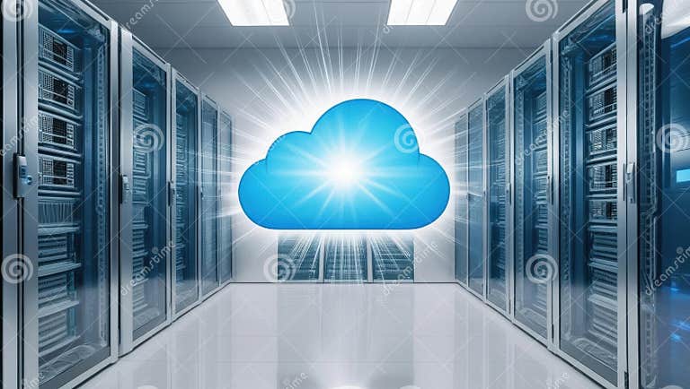 Digital Server Room with a Glowing Cloud Symbol, Representing Cloud ...