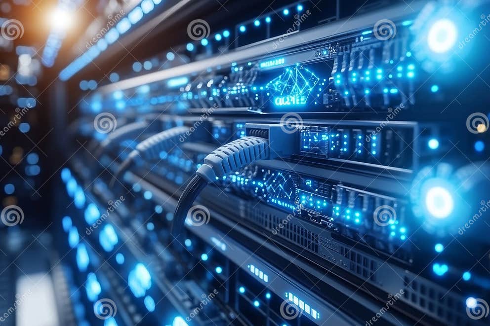 Digital Server Room with Multiple Racks of Illuminated Servers ...