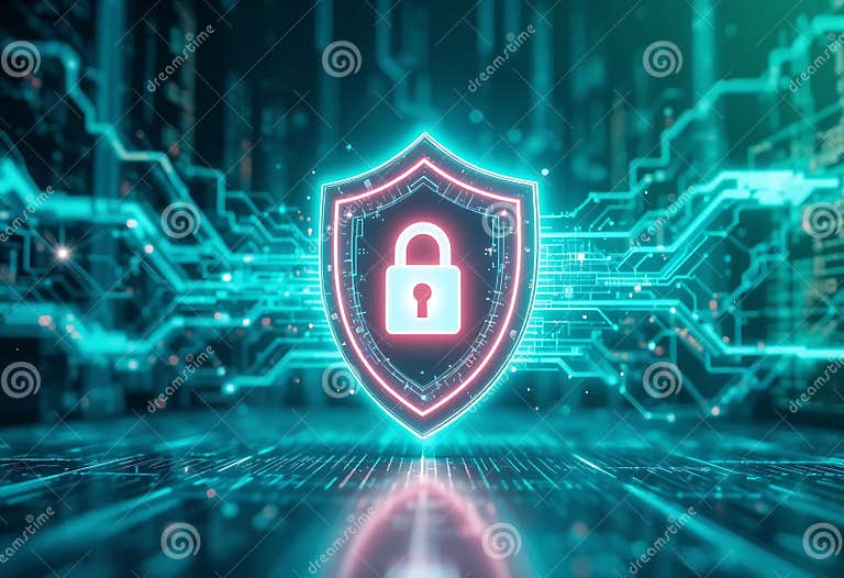 A Digital Shield with a Lock Symbol Represents Cybersecurity Concerns ...