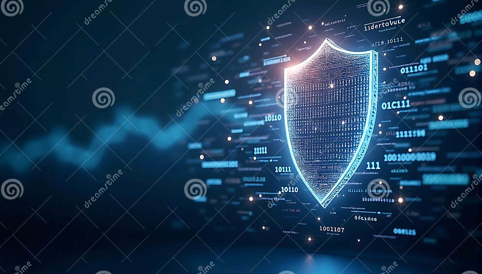 A Digital Shield Made from Floating Lines of Code and Binary Digits, Symbolizing Cybersecurity ...