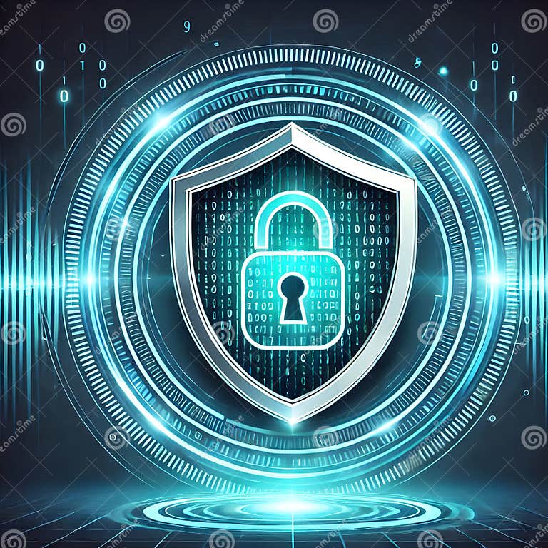 Digital Shield Protecting Cybersecurity, Metallic Lock Defending Data Streams Amid Glowing ...