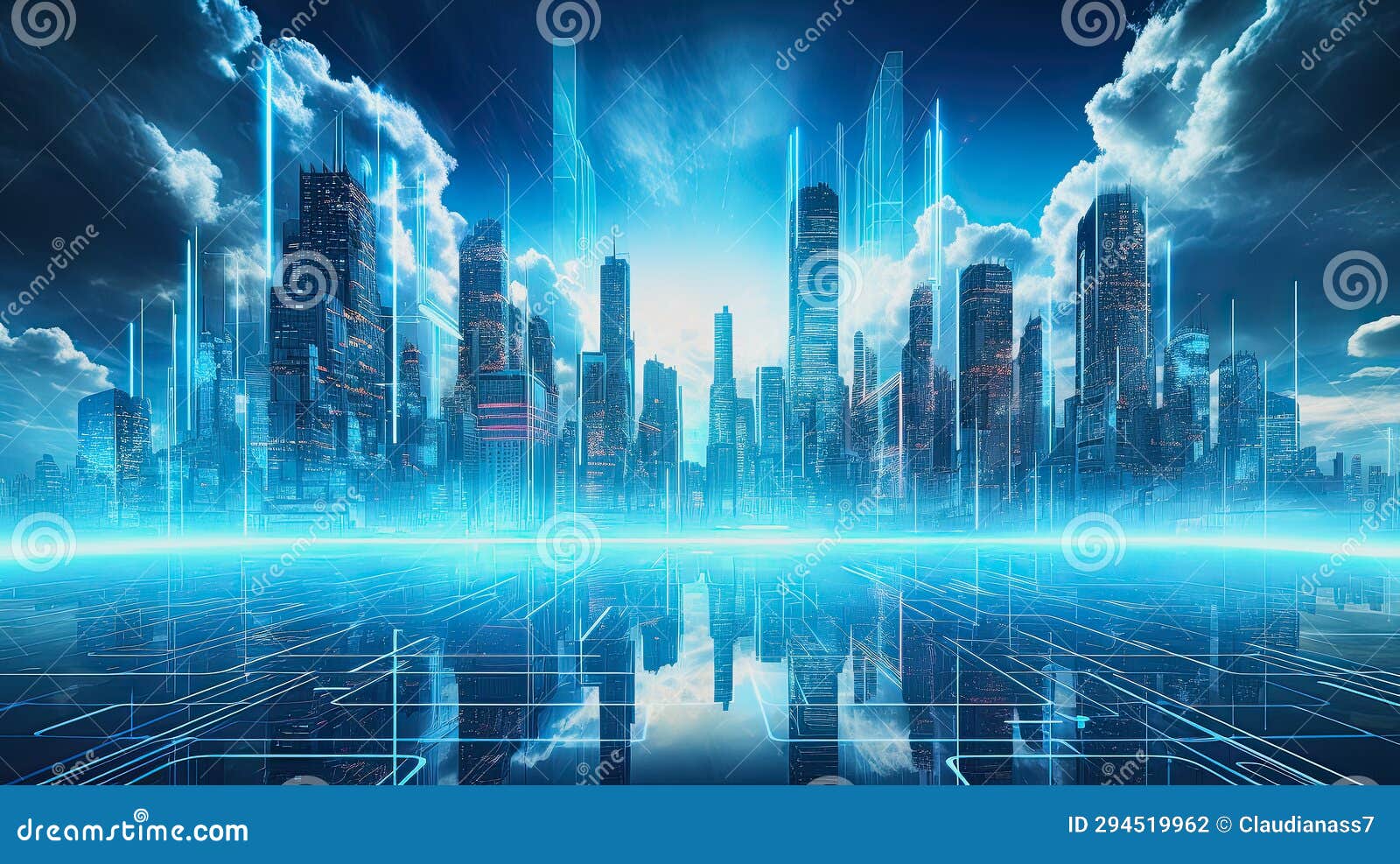 Digital Shiny 3d Metropolis Background in Light Blue Neon Color Stock ...