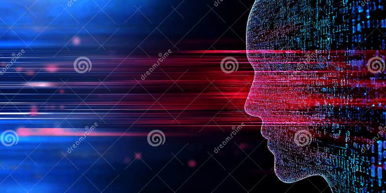 Digital Silhouette with Binary Code and Red Motion Streaks Symbolizing Artificial Intelligence ...