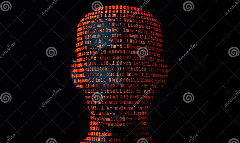 A Digital Silhouette of a Head Illuminated by Glowing Binary Code, Representing Technology and ...