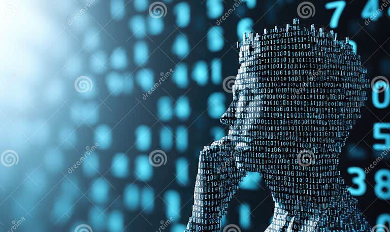 A Digital Silhouette of a Person in Deep Thought, Surrounded by Binary ...