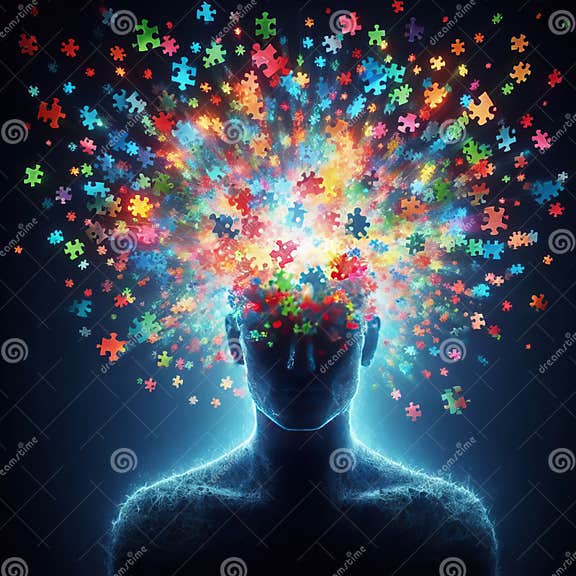 Digital Silhouette with Vibrant Puzzle Pieces Exploding from Head Stock ...