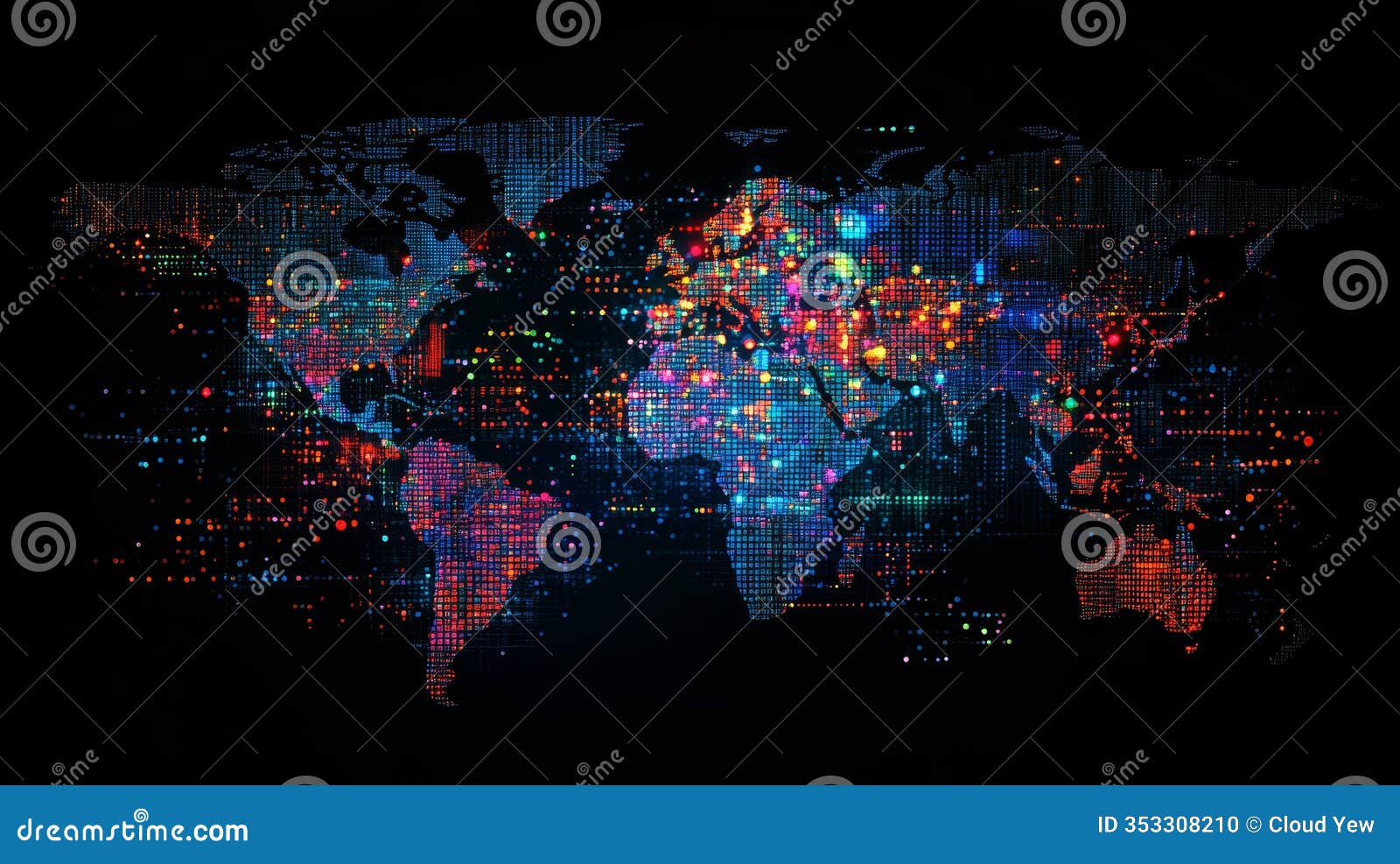 Digital Silhouette World Map with Colorful Information Points on a Dark Background Stock ...