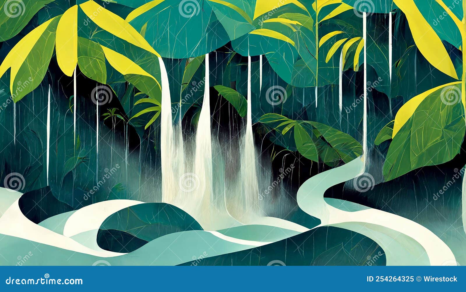 Digital Simple Abstract Illustration of a Beautiful Green Waterfall ...