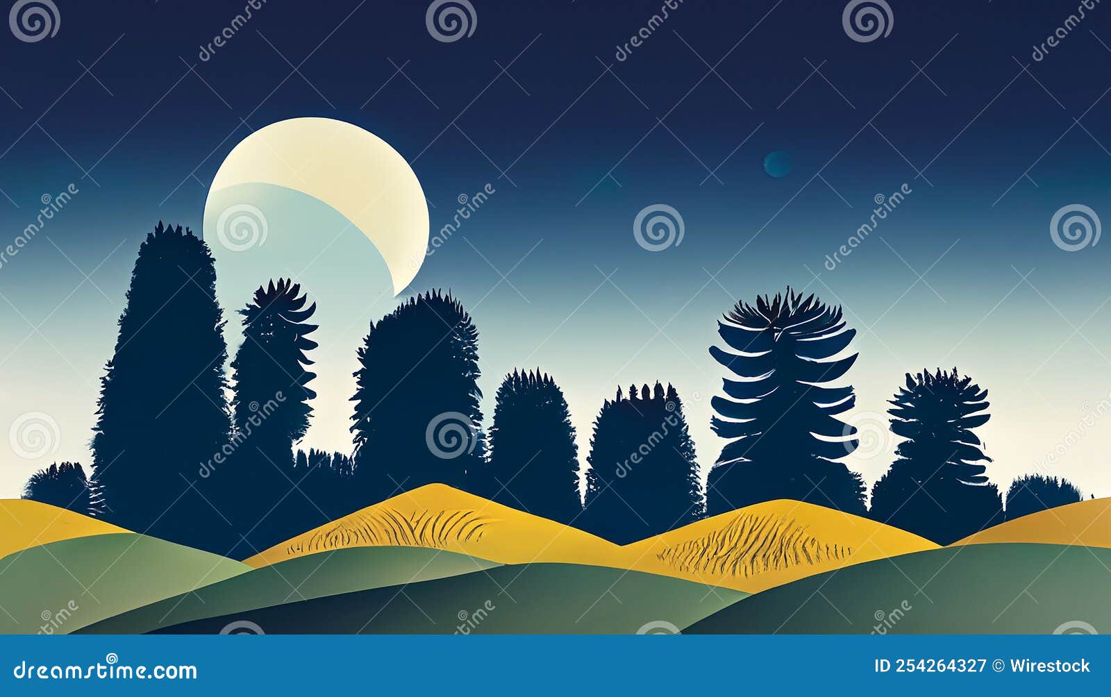 Digital Simple Abstract Illustration of a Beautiful Moon Night Forest ...