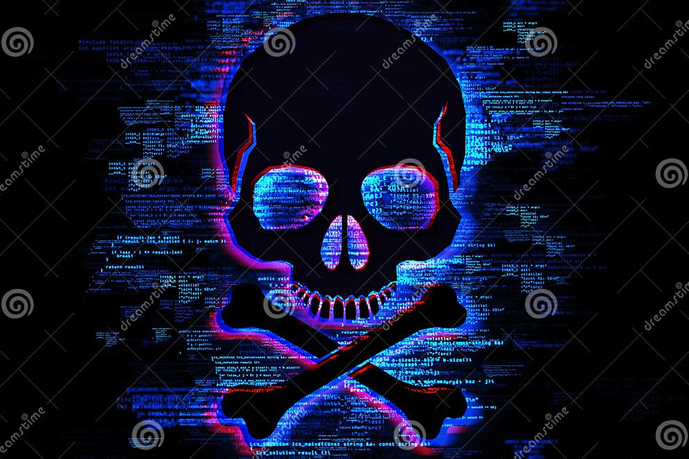 Digital Skull and Crossbones Over Coding Script, Symbolizing ...